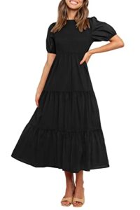 zesica women's 2023 casual summer crew neck short puff sleeve smocked high waist ruffle tiered a line midi dress,black,medium