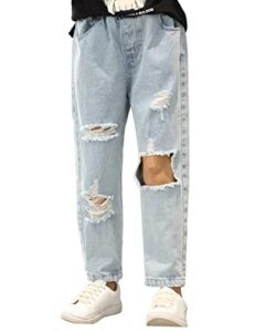 qibabu kid big girl's baggy ripped jeans elastic waist washed denim pants for 8-14 years(0865-blue-14y-qb)