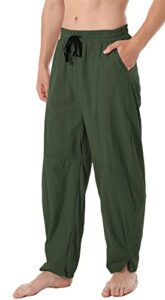 perdontoo mens linen cotton loose fit casual lightweight elastic waist summer pants (medium, army green)