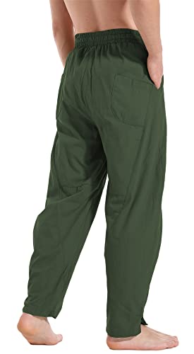 perdontoo Mens Linen Cotton Loose Fit Casual Lightweight Elastic Waist Summer Pants (Medium, Army Green)