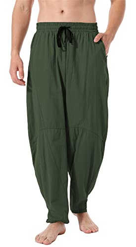 perdontoo Mens Linen Cotton Loose Fit Casual Lightweight Elastic Waist Summer Pants (Medium, Army Green)