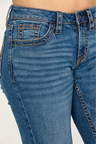 cffvdiz Bootcut Jeans for Women Mid Waist Slim Jeans Stretch Back Pocket Embroidered Bell Bottom Jeans,Blue,S