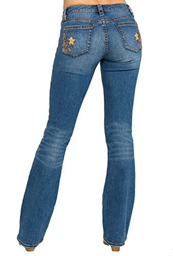 cffvdiz Bootcut Jeans for Women Mid Waist Slim Jeans Stretch Back Pocket Embroidered Bell Bottom Jeans,Blue,S