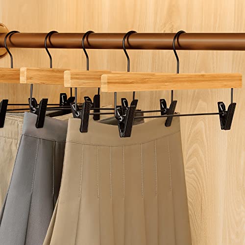 TOPIA HANGER Pants Hangers 10 Pack, Bamboo Clothes Hangers with Black Clips and Rotatable Hook, Durable Natural Wooden Hangers for Skirts, Pants, Jeans, Shorts - CTS04