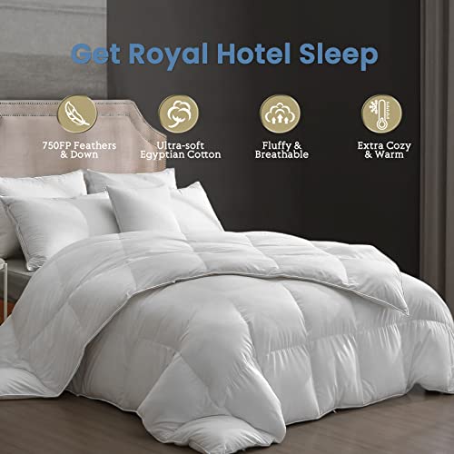 Hotel Collection Feathers & Down Comforter King Size | All Season Down Duvet Insert | Luxurious 750 Fill Power Ultra-Soft 500TC Egyptian Cotton-Blend Quilted with Tabs (106x90, Solid White)