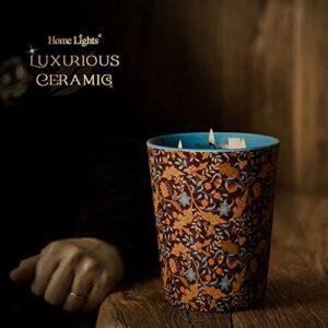 HomeLights Scented Candle in Decorative Ceramic Jar Large 32oz - Beautiful Designs, Cashmere Vanilla Scents, 3 Cotton Wicks, Smokeless Soy Wax, Burns 110 Hours. Ideal for Bedroom, Kitchen, Bath