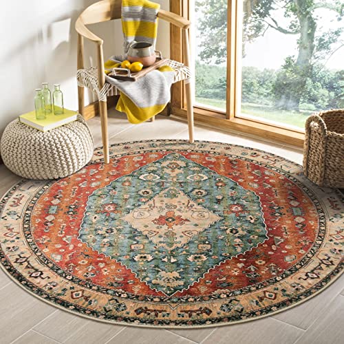 Lahome Boho Tribal Round Rug - 4Ft Persian Soft Bedroom Round Area Rug Entryway Foyer Throw Mat Washable Non-Shedding Non-Slip Sofa Carpet for Nursery Living Dining Room,Rust/Dull Teal