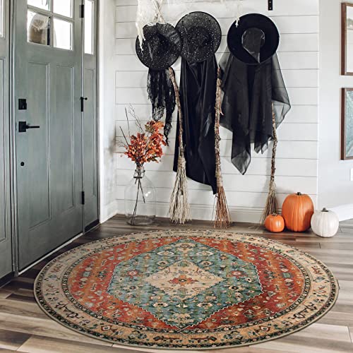 Lahome Boho Tribal Round Rug - 4Ft Persian Soft Bedroom Round Area Rug Entryway Foyer Throw Mat Washable Non-Shedding Non-Slip Sofa Carpet for Nursery Living Dining Room,Rust/Dull Teal