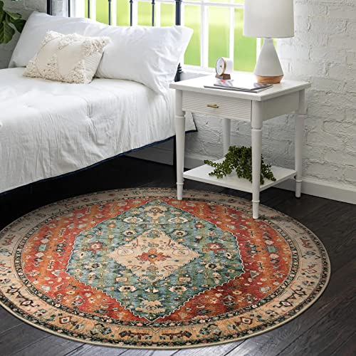 Lahome Boho Tribal Round Rug - 4Ft Persian Soft Bedroom Round Area Rug Entryway Foyer Throw Mat Washable Non-Shedding Non-Slip Sofa Carpet for Nursery Living Dining Room,Rust/Dull Teal