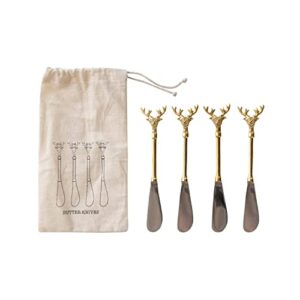 creative co-op stainless steel and brass canapé knives with gold finish reindeer handles, set of 4 in printed drawstring bag