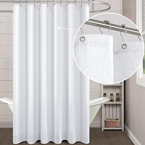 White Shower Curtain Liner Hooks Textured Sheer Linen Fabric Textile Faux Cotton See Through Heavy Duty Weighted Waterproof Simple Elegant Modern Farmhouse Shower Curtains for Bathroom Set 72x 72 Inch