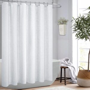 White Shower Curtain Liner Hooks Textured Sheer Linen Fabric Textile Faux Cotton See Through Heavy Duty Weighted Waterproof Simple Elegant Modern Farmhouse Shower Curtains for Bathroom Set 72x 72 Inch