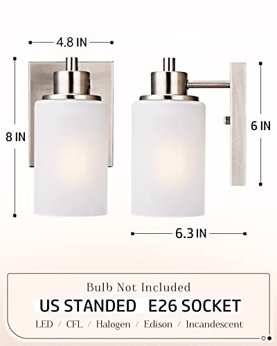 2-Pack Modern Bath Vanity Light Fixture 1-Light, Indoor Bathroom Wall Sconces for Living Room, Porch, Bedside, Brushed Nickel Finish with White Frosted Glass Shades Wall Mounted Lights