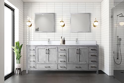 Lexora Jacques 84 in. W x 22 in. D Distressed Grey Double Bath Vanity and White Quartz Top