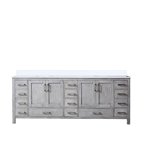 Lexora Jacques 84 in. W x 22 in. D Distressed Grey Double Bath Vanity and White Quartz Top