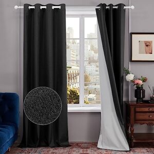 deconovo 100% blackout curtains 84 inches long, grommet total blackout curtains - room darkening lightweight black faux linen curtains for living room, 52x84 inch, 2 panels