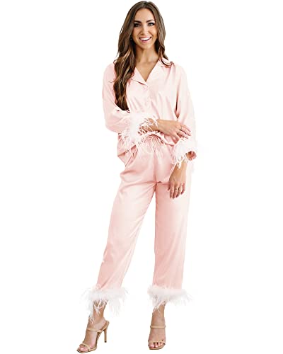 Belle's Design Women's Feather Trim Silk Satin Pajama Button Down Long Sleeve and Pants Set Sleepwear Loungewear S To XXL (Blush, Small)