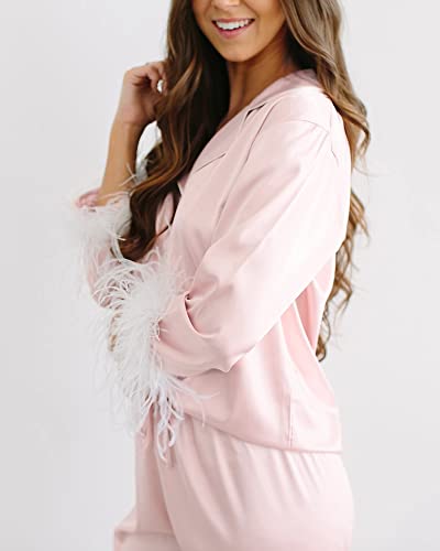 Belle's Design Women's Feather Trim Silk Satin Pajama Button Down Long Sleeve and Pants Set Sleepwear Loungewear S To XXL (Blush, Small)