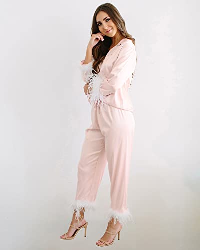 Belle's Design Women's Feather Trim Silk Satin Pajama Button Down Long Sleeve and Pants Set Sleepwear Loungewear S To XXL (Blush, Small)