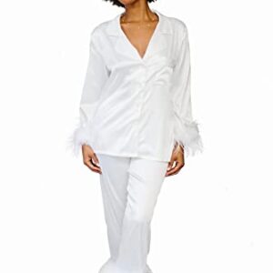 Belle's Design Women's Feather Trim Silk Satin Pajama Button Down Long Sleeve and Pants Set Sleepwear Loungewear S To XXL (White, Small)