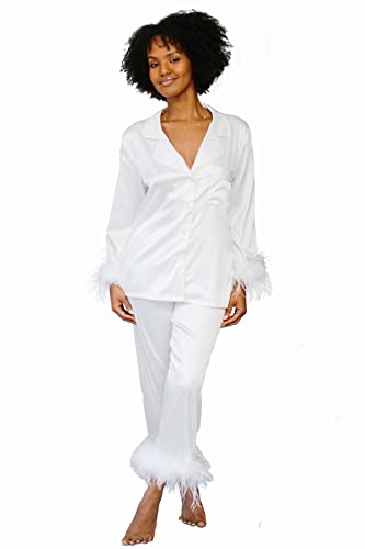 Belle's Design Women's Feather Trim Silk Satin Pajama Button Down Long Sleeve and Pants Set Sleepwear Loungewear S To XXL (White, Small)