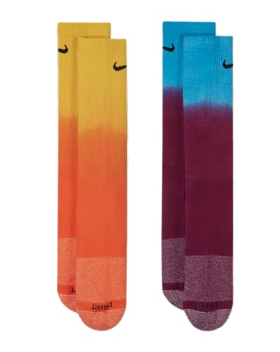 Nike 2 Pack Sports Dri-Fit Moisture Wicking Athletic Crew Socks (Medium, (Orange/Yellow) and (Maroon/Blue))