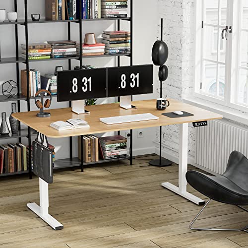 YESHOMY Height Adjustable Electric Standing Desk 55 inch Computer Table, Home Office Workstation, 55in, White Leg/Natural Top