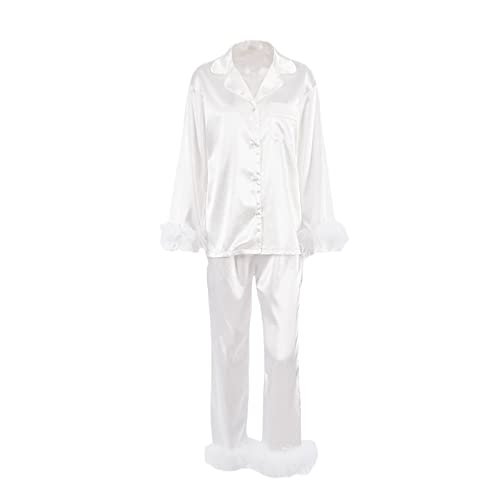 ZZEVOLSS Womens Silk Satin Pajamas Feather Trim Nightwear Long Feather Sleeve Button Down Pjs Set Fur Trim Pants Set(Lapel Collar-white,Small)