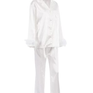 ZZEVOLSS Womens Silk Satin Pajamas Feather Trim Nightwear Long Feather Sleeve Button Down Pjs Set Fur Trim Pants Set(Lapel Collar-white,Small)