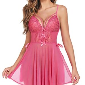 Avidlove Lace Lingrie Women V Neck Babydoll Strap Chemise Sexy Sleepwear Nighgown Side Spilt Nightwear Boudior Nighty Rose Red