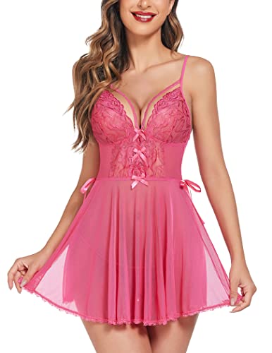 Avidlove Lace Lingrie Women V Neck Babydoll Strap Chemise Sexy Sleepwear Nighgown Side Spilt Nightwear Boudior Nighty Rose Red