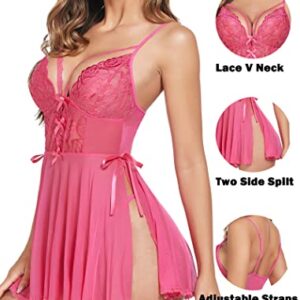 Avidlove Lace Lingrie Women V Neck Babydoll Strap Chemise Sexy Sleepwear Nighgown Side Spilt Nightwear Boudior Nighty Rose Red