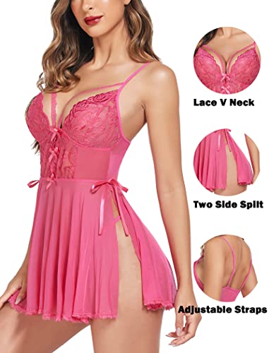 Avidlove Lace Lingrie Women V Neck Babydoll Strap Chemise Sexy Sleepwear Nighgown Side Spilt Nightwear Boudior Nighty Rose Red