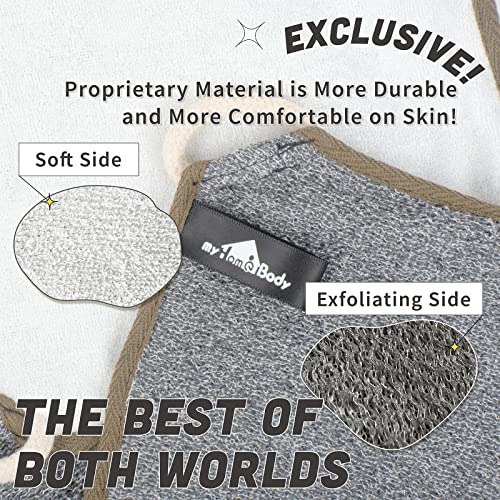 myHomeBody Premium Dual-Textured Exfoliating Washcloth with Soft and Scrubbing Side | Body Exfoliation Luffa Wash Clothes for Bath, Shower | Durable 3 Layer Construction, Smoke, 3 Pack