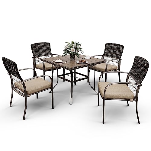 Patio Dining Set for 4, 5PCS Patio Table & Chair Set,Plastic-Wood Table Top with 1.6" Umbrella Hole, All-Weather Wicker Patio Dining Furniture with Removable Cushions for Deck, Lawn, Garden(Beige)