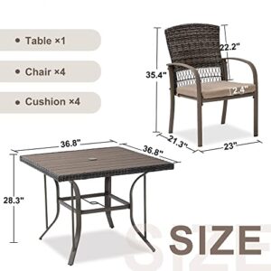 Patio Dining Set for 4, 5PCS Patio Table & Chair Set,Plastic-Wood Table Top with 1.6" Umbrella Hole, All-Weather Wicker Patio Dining Furniture with Removable Cushions for Deck, Lawn, Garden(Beige)