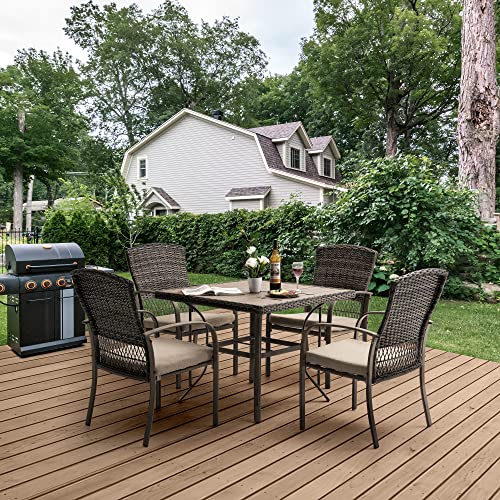 Patio Dining Set for 4, 5PCS Patio Table & Chair Set,Plastic-Wood Table Top with 1.6" Umbrella Hole, All-Weather Wicker Patio Dining Furniture with Removable Cushions for Deck, Lawn, Garden(Beige)