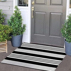 Black and White Striped Outdoor Rug 24'' x 35'' Door Mat Outdoor Machine Washable Welcome Mats Cotton Hand-Woven Entryway Rug for Front Porch/Entryway/Laundry/Bathroom/Bedroom