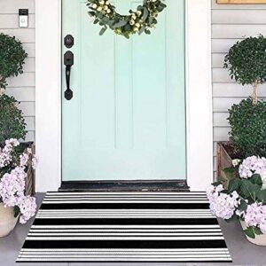 Black and White Striped Outdoor Rug 24'' x 35'' Door Mat Outdoor Machine Washable Welcome Mats Cotton Hand-Woven Entryway Rug for Front Porch/Entryway/Laundry/Bathroom/Bedroom