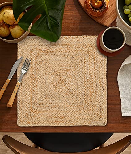 Hausattire Jute Braided Placemats 14x14 Inches - Natural, Farmhouse Reversible Woven Boho Mats for Kitchen & Dining Table (Set of 4)