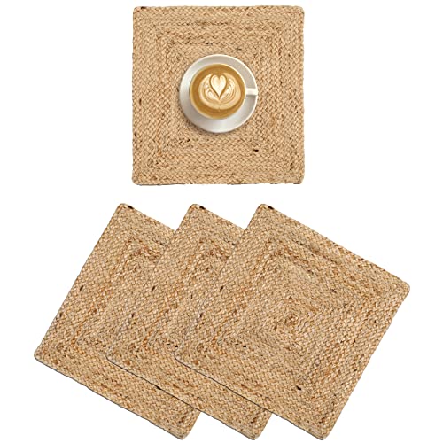 Hausattire Jute Braided Placemats 14x14 Inches - Natural, Farmhouse Reversible Woven Boho Mats for Kitchen & Dining Table (Set of 4)