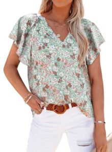 dokotoo womens boho tops and blousesv neck floral cap sleeve ladies flowy ruffle summer shirts medium green