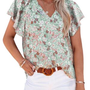 Dokotoo Womens Boho Tops and BlousesV Neck Floral Cap Sleeve Ladies Flowy Ruffle Summer Shirts Medium Green