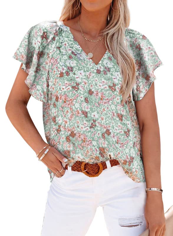 Dokotoo Womens Boho Tops and BlousesV Neck Floral Cap Sleeve Ladies Flowy Ruffle Summer Shirts Medium Green