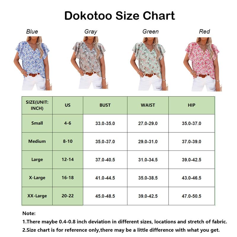 Dokotoo Womens Boho Tops and BlousesV Neck Floral Cap Sleeve Ladies Flowy Ruffle Summer Shirts Medium Green