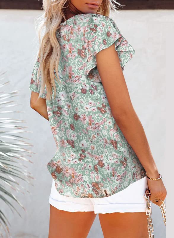 Dokotoo Womens Boho Tops and BlousesV Neck Floral Cap Sleeve Ladies Flowy Ruffle Summer Shirts Medium Green