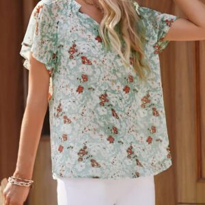 Dokotoo Womens Boho Tops and BlousesV Neck Floral Cap Sleeve Ladies Flowy Ruffle Summer Shirts Medium Green