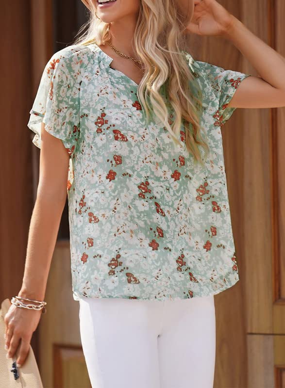 Dokotoo Womens Boho Tops and BlousesV Neck Floral Cap Sleeve Ladies Flowy Ruffle Summer Shirts Medium Green