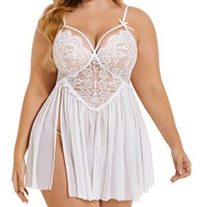 Avidlove Sexy Plus Size Lingerie for Women Lace Babydoll Chemise V Neck Sleepwear Mesh Nightwear Side Slit Nightie White