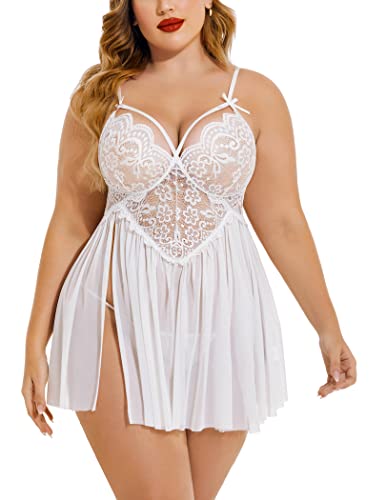 Avidlove Sexy Plus Size Lingerie for Women Lace Babydoll Chemise V Neck Sleepwear Mesh Nightwear Side Slit Nightie White